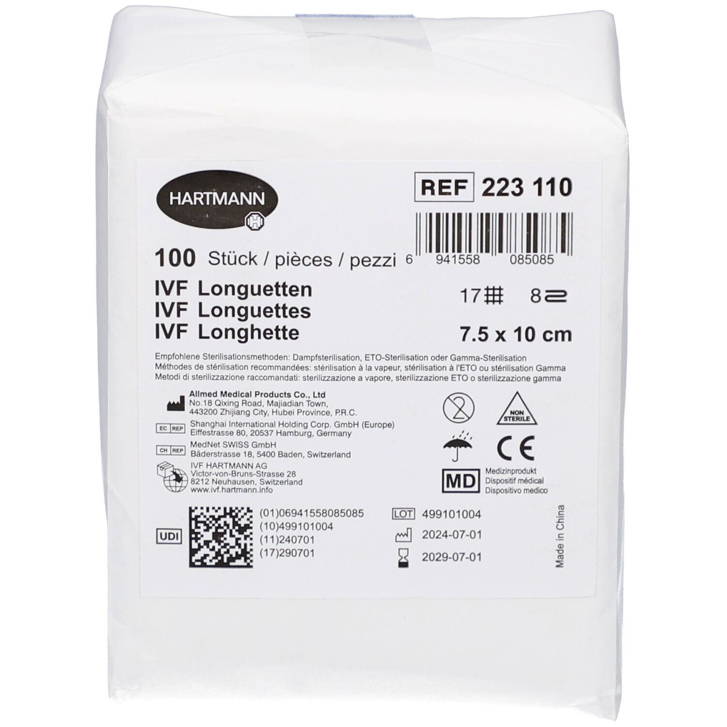 HARTMANN IVF® Longuettes type 17 - 7,5x10 cm, 8 plis 100 pc(s ...