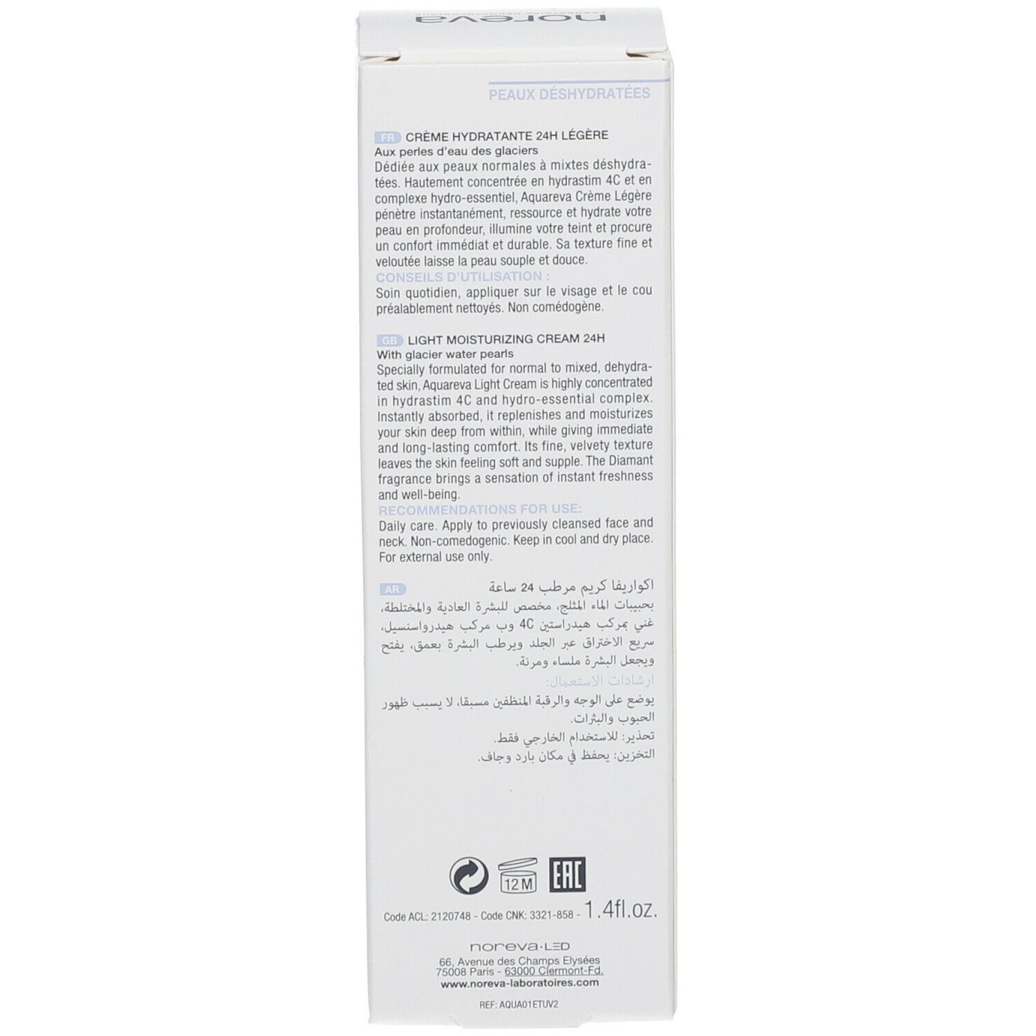 Noreva Laboratoires Aquareva Crème hydratante texture légère 24h 40 ml ...