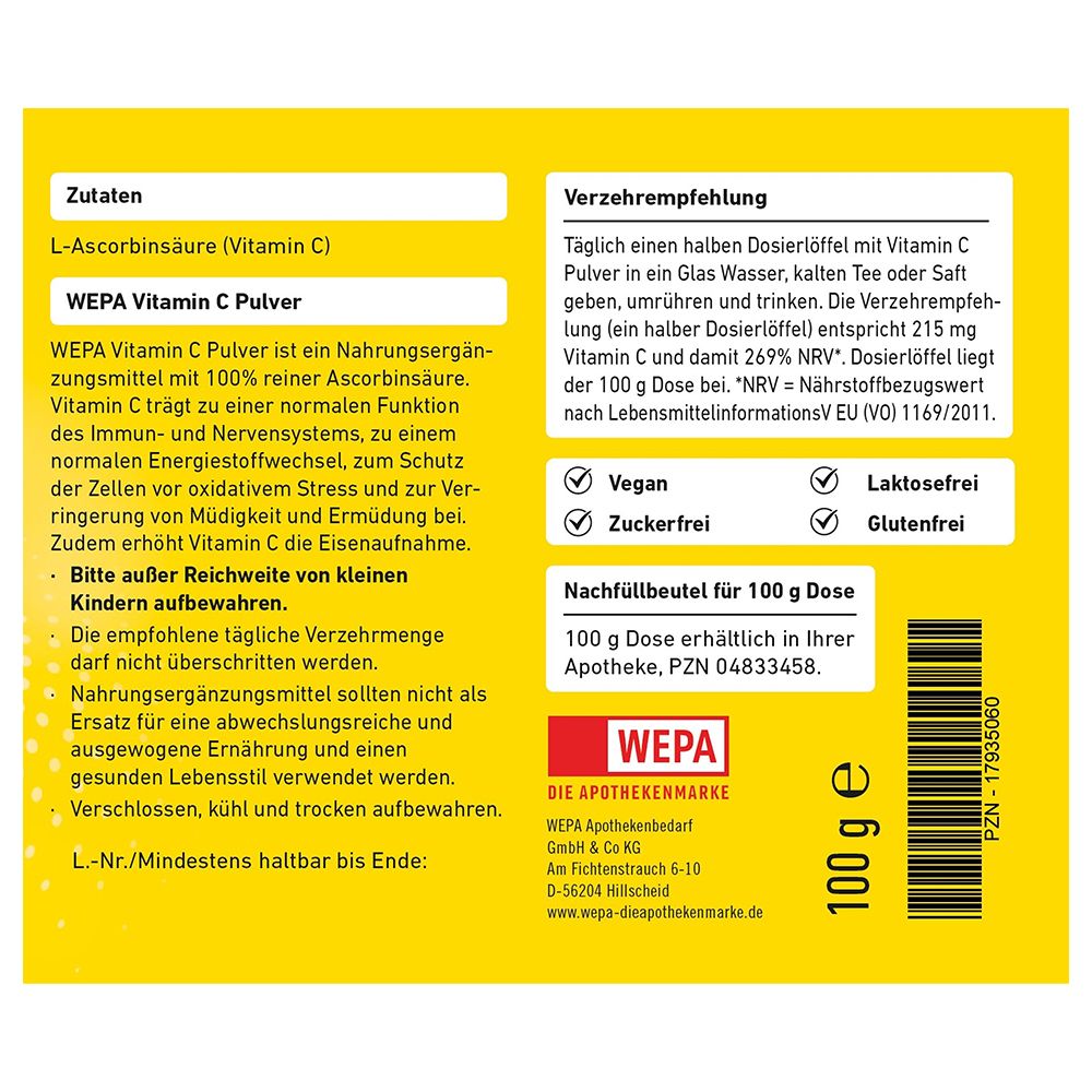 WEPA VITAMINE C Sachet de recharge 100 g - Redcare Apotheke